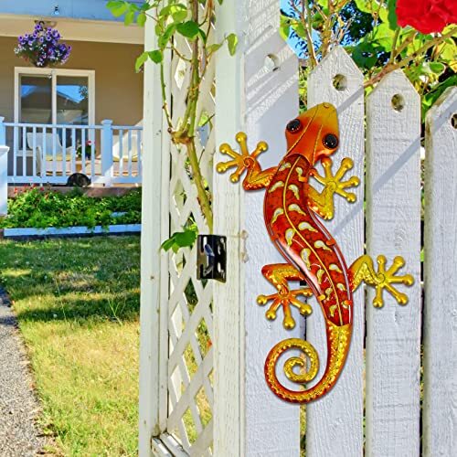 Metal Gecko Wall Decor Outdoor Indoor Lizard Art Sculpture Glass Orange ...