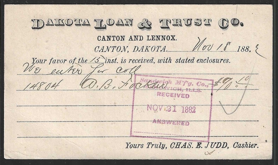 U.S. Scott #UX7, CANTON, DAK 1882 Cancel, Dakota Territorial Printed ...