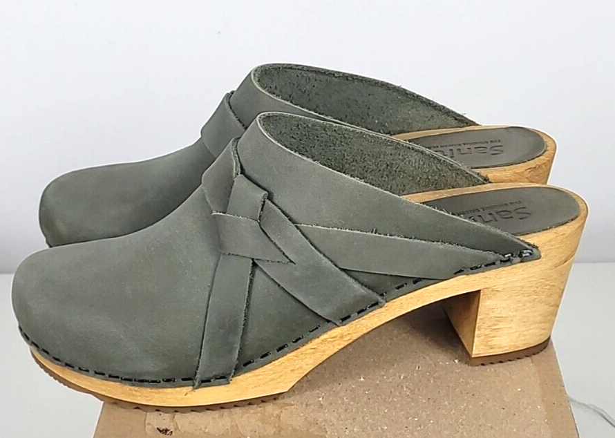 NIB - Sanita MANUELLA Khaki Green/Gray Leather Wood Danish Clogs Sz 37 ...