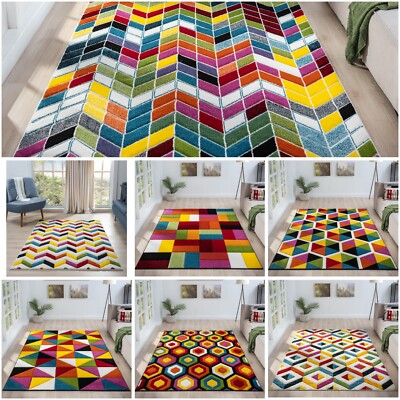 Spectra Carved Rug for Living Room Bright Multi Coloured Geometric ...