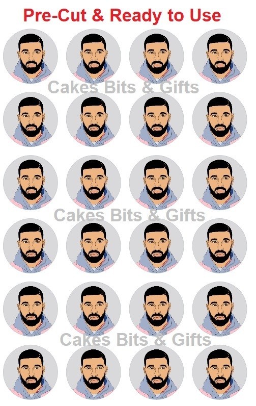 24x DRAKE Edible Wafer Cupcake Toppers PRE-CUT Ready to Use RAPPER ...