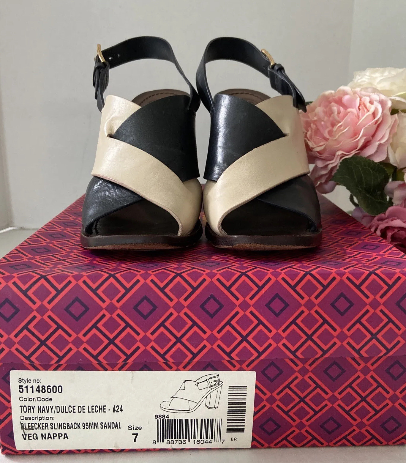 TORY BURCH Bleecker Slingback Sandal Shoe Heel Navy I… - Gem