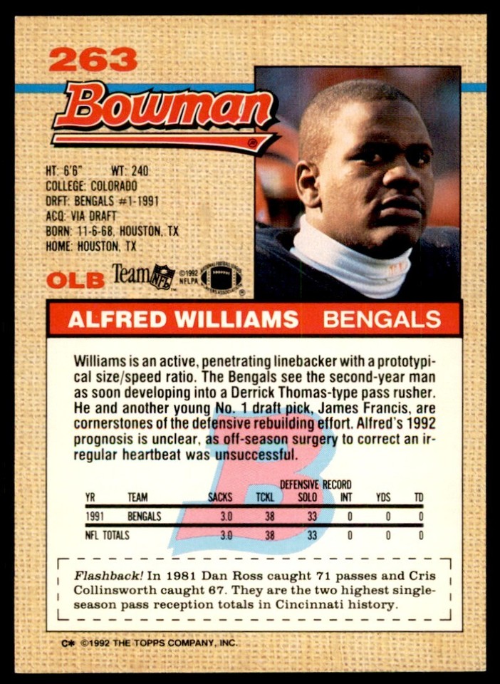 1992 BOWMAN ALFRED WILLIAMS CINCINNATI BENGALS #263 | eBay