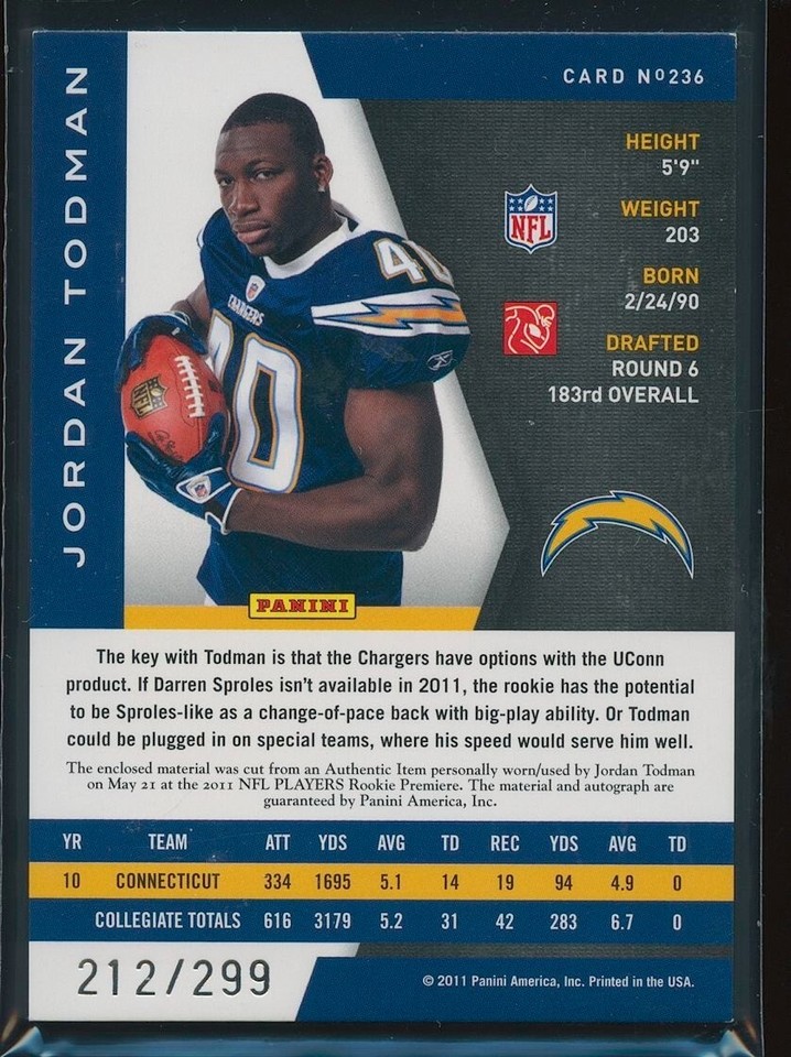 Jordan Todman 2011 Panini Limited Material Phenoms RC Auto 212/299 | eBay