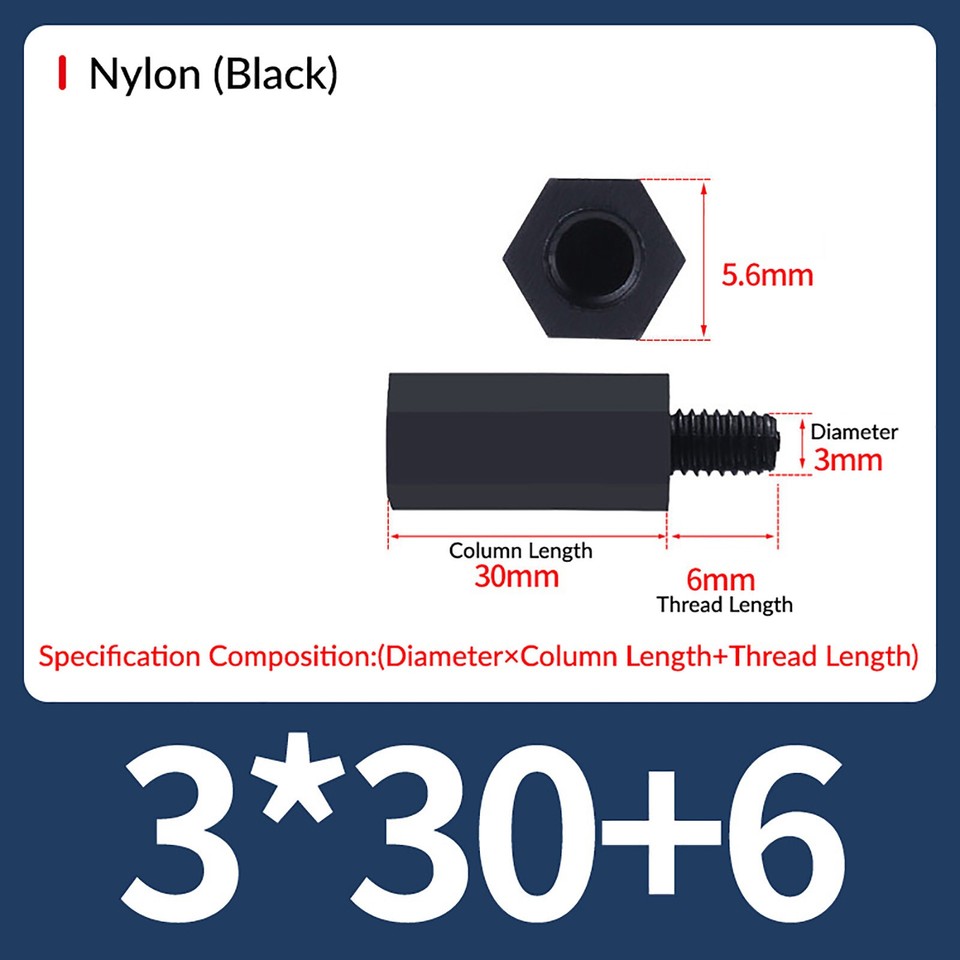 Black Nylon Male Thread Pillars Plastic PCB Spacer Studs Hex Standoff ...