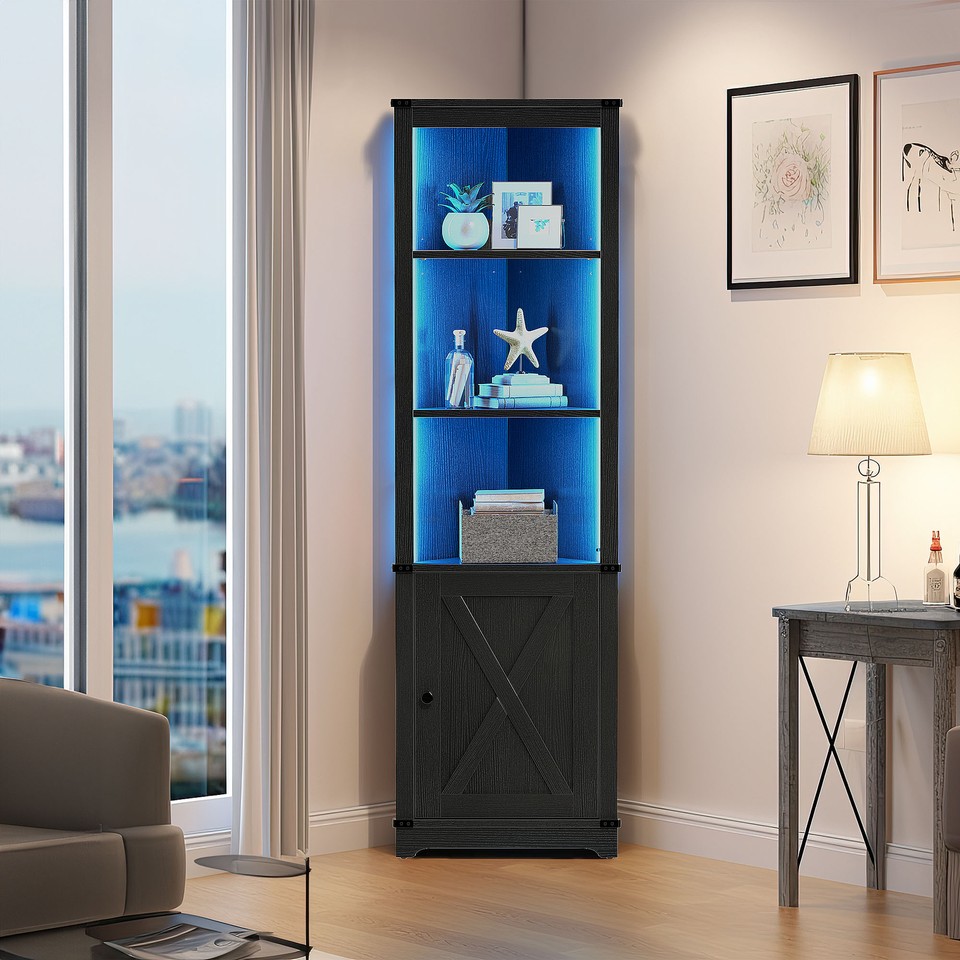 67" Tall LED Corner Cabinet Freestanding Bathroom Cabinet with Doors ...
