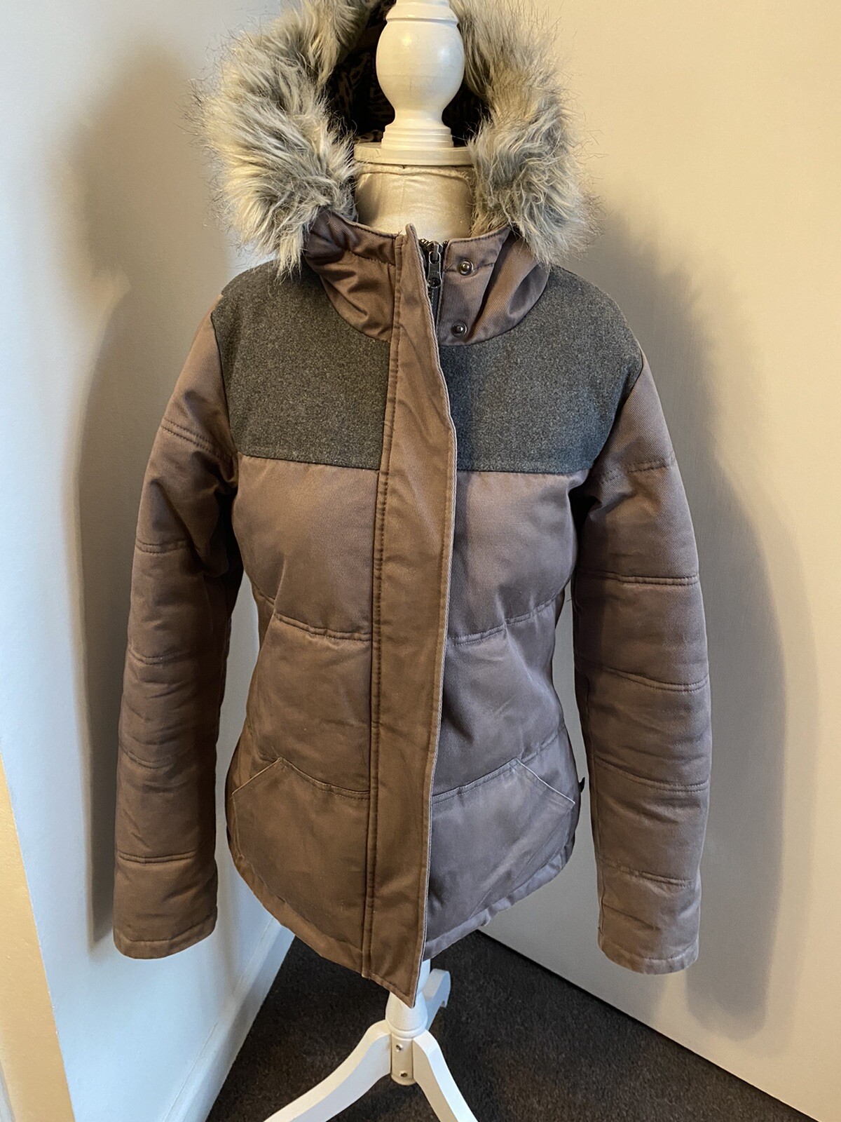 Animal Puffer Padded Jacket Fur Hooded Parka Coat Size 8 S Khaki Brown ...
