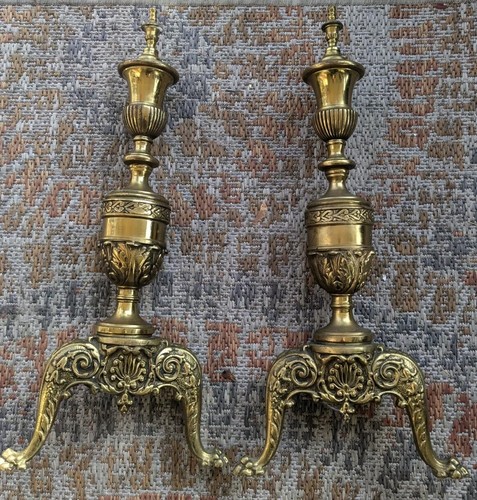 Vintage Antique Brass Fireplace Andirons Fire Dogs | eBay