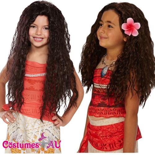 Girls Disney Moana Wavy Hawaiian Wig Polynesian Kids Book Week Wigs ...
