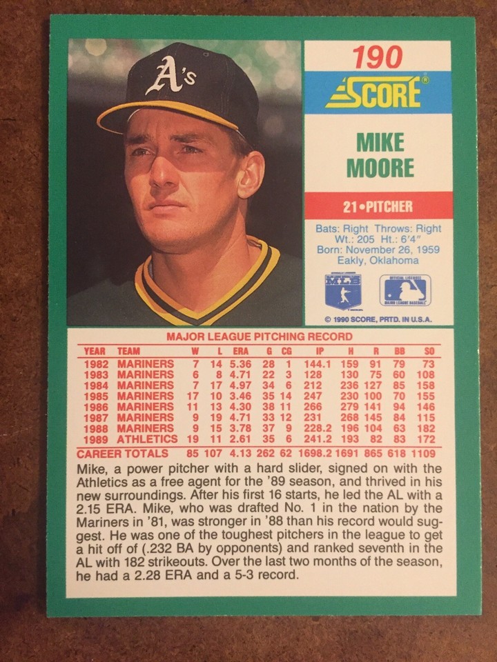 Mike Moore 190 Score 1990 MLB Baseball Trading Card | eBay