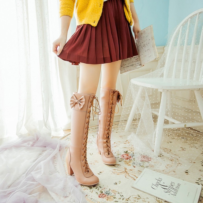 Women's Fashion Round Toe Lace Up Zip Shoes PU Leather Over The knee ...