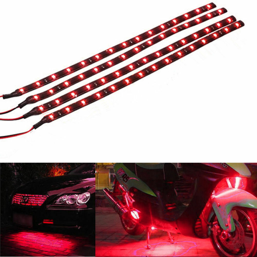 Red 4PCS 12V 12" 15SMD Flexible LED Strip Light Waterproof For Car ...