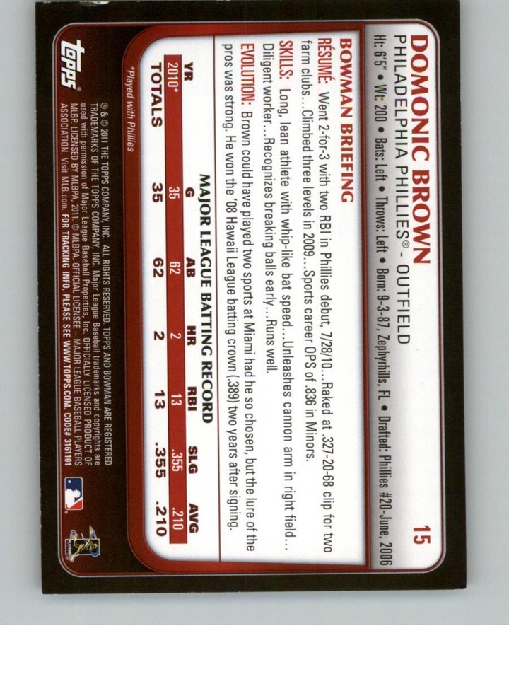 2011 Bowman Domonic Brown 15 Philadelphia Phillies Gold | eBay