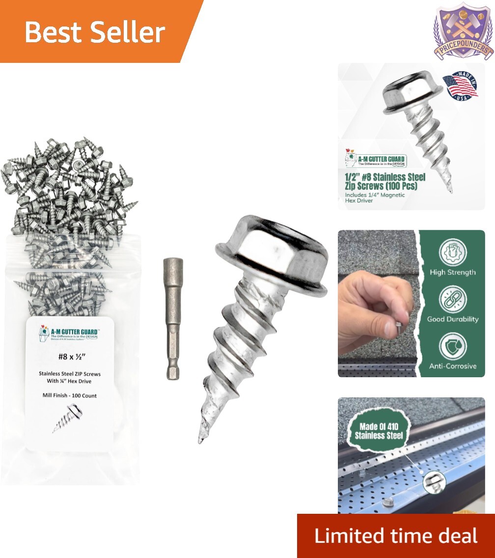 Stainless Steel Zip Screws 1/2" Pack of 100 Self-Piercing for Gutter ...