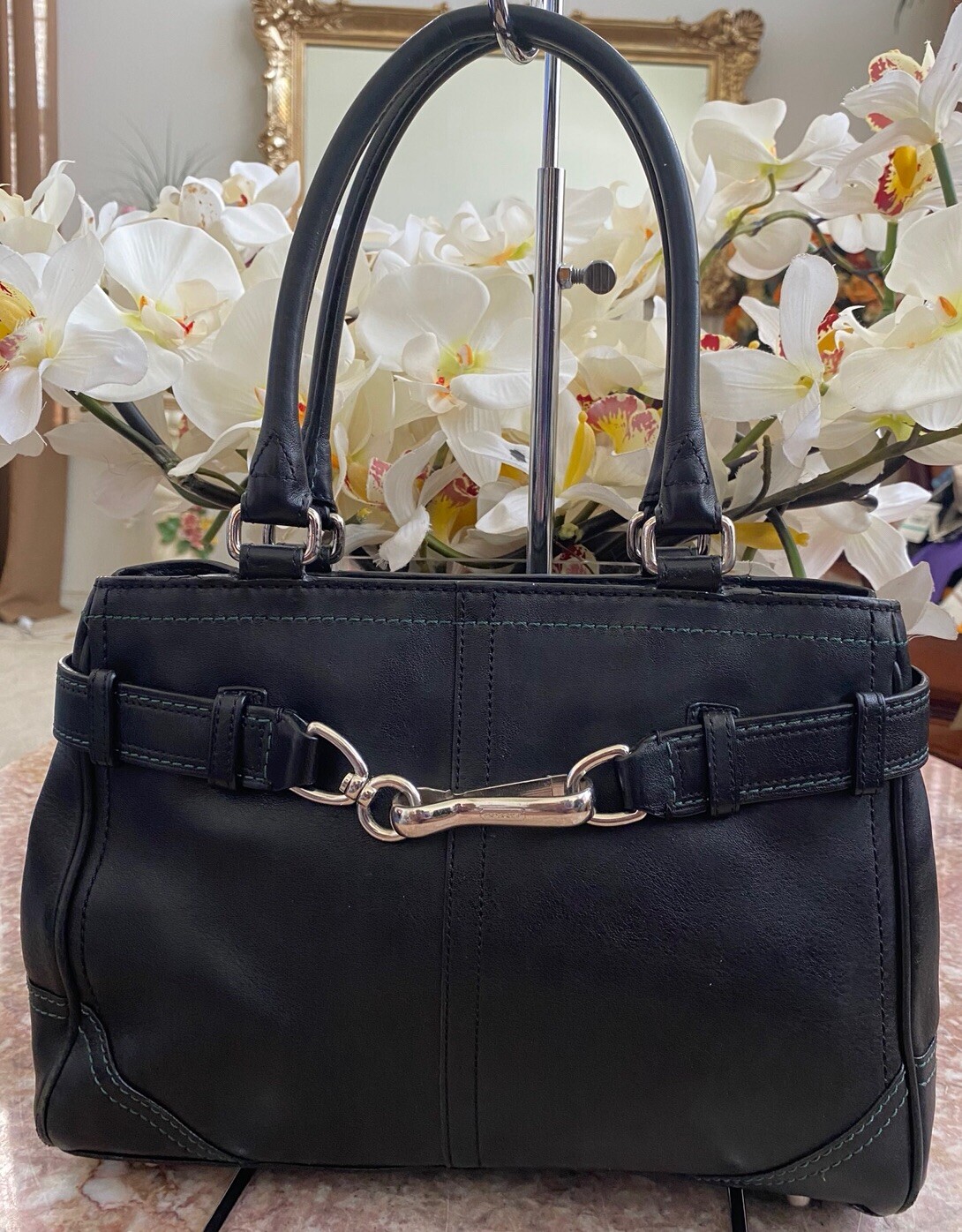 COACH HAMPTON BLACK LEATHER BELTED SATCHEL HANDBAG PU… - Gem