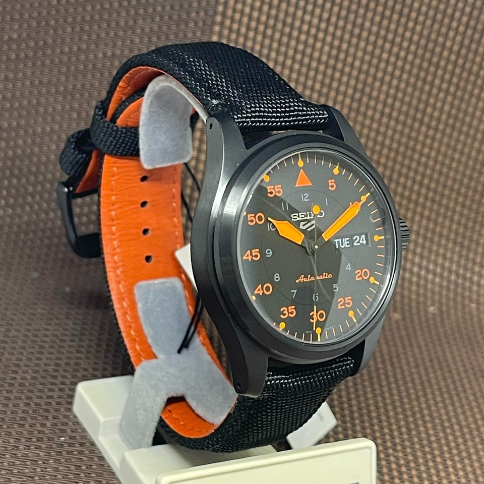 Seiko 5 Sports SRPH33K1 Reissue Military Black Orange Nylon Day Date ...