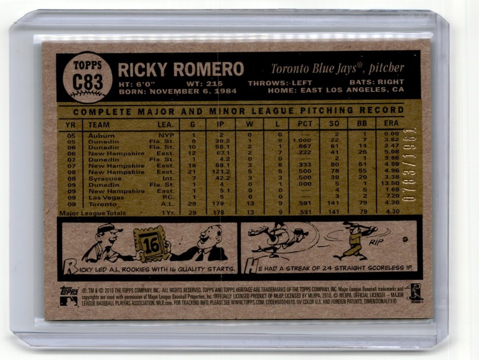 2010 Topps Heritage Chrome Ricky Romero /1961 Toronto Blue Jays #C83 | eBay