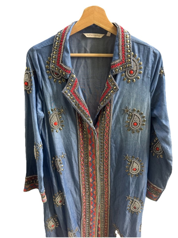 SOFT SURROUNDINGS Morena Duster Jacket Womens S Petite Blue Embellished ...