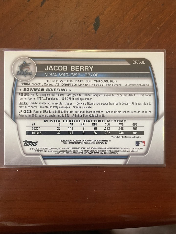 2023 Bowman Jacob Berry Chrome 1st Prospect Auto Autograph #CPA-JB | eBay