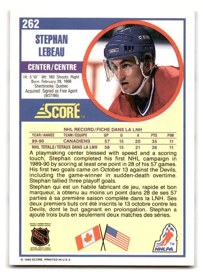 Stephan Lebeau 1990 Score Canadian HOCKEY #262 Montreal Canadiens | eBay