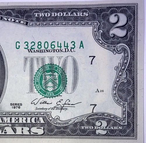 1976 TWO DOLLAR ERROR NOTE SHIFTING SERIAL NUMBERS & LOW GREEN SEAL ...