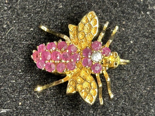 Vintage 14K Yellow Gold Diamond & Ruby Bumble Bee Bug Insect Small ...