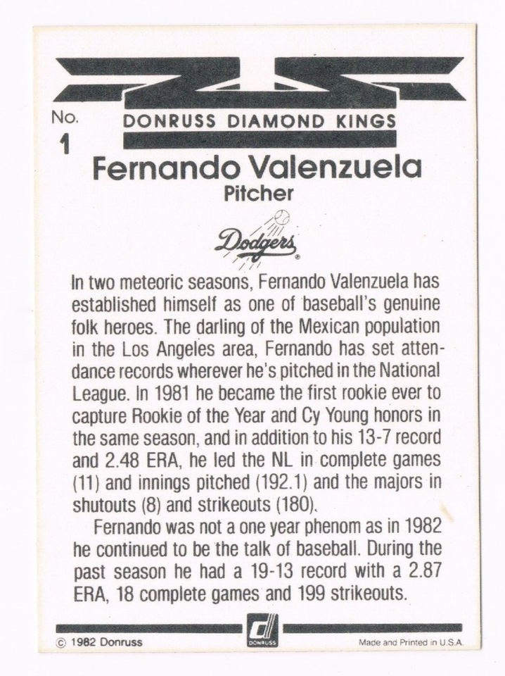 Fernando Valenzuela 1983 Donruss Diamond Kings Perez Steele Art #1 ...