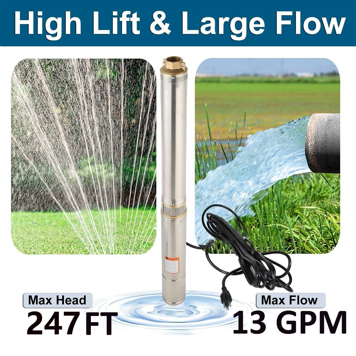 3''OD 3/4HP Deep Well Submersible Pump 220V 13GPM 247 ft MAX 60Hz 1 ...