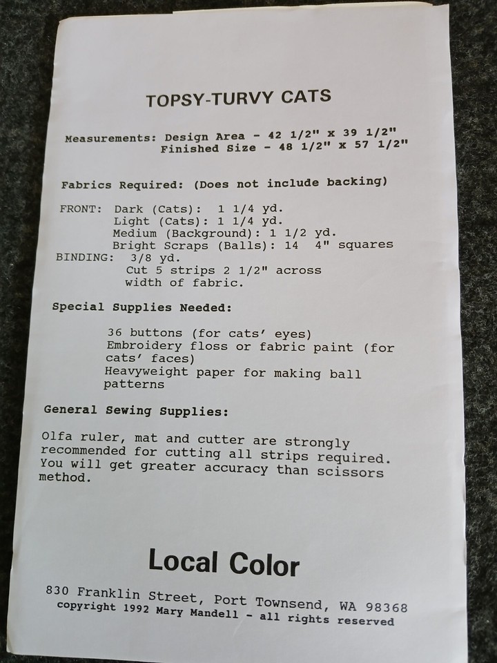 TOPSY-TURVY CATS Quilt Instructions by Local Color 1992 Mary Mandell U ...