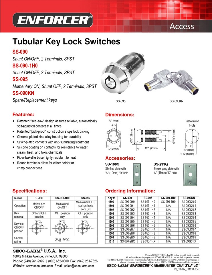 Seco-Larm SS-090-2H4 Tubular Key Lock Switch; Shunt ON/OFF 2 Terminals ...
