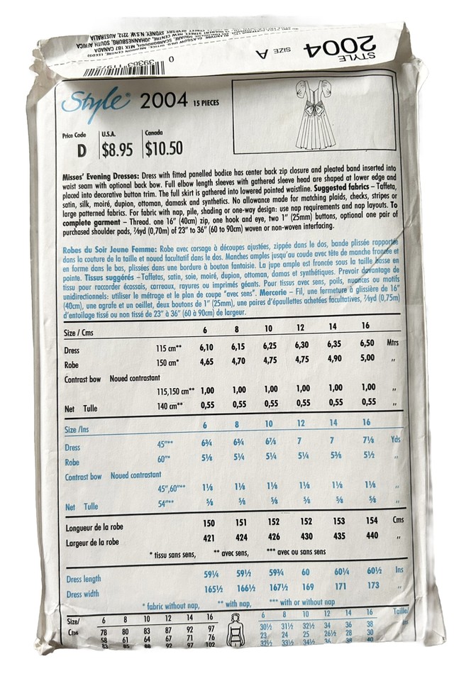 Vintage 1990s Simplicity Uncut Wedding Prom Dress # 2004 Size 6-16 ...