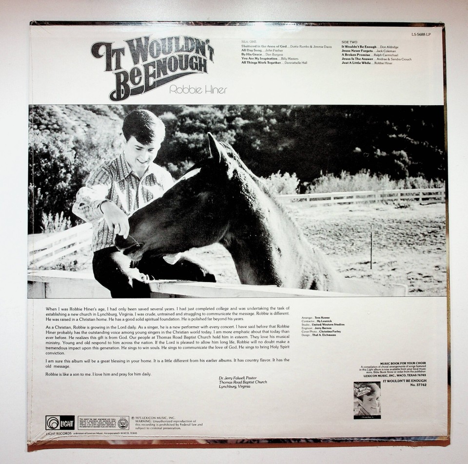 1975 Robbie Hiner It Wouldn't Be Enough Gospel Christian Vinyl LP ...