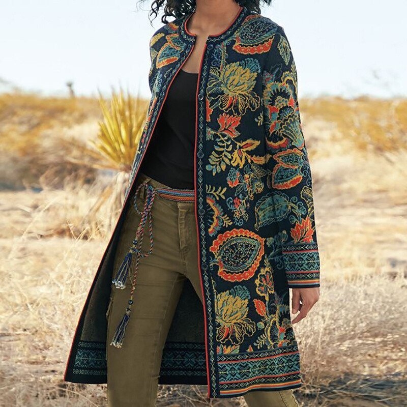 Coat Vintage Printing Long Coat Women's Winter Warm Casual Jacket Parka ...