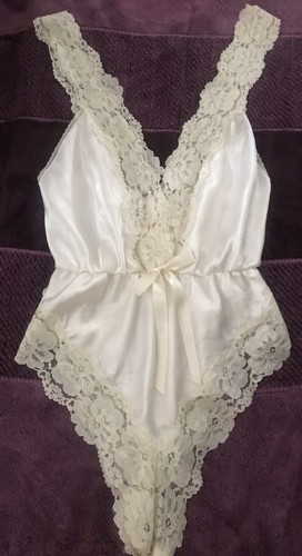 Vintage Satin lace teddy hi cut thighs snap crotch Ms… - Gem