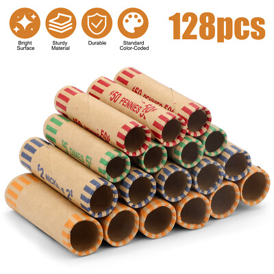128pcs Assorted Preformed Coin Wrappers Rolls, Change Paper Rolls ...