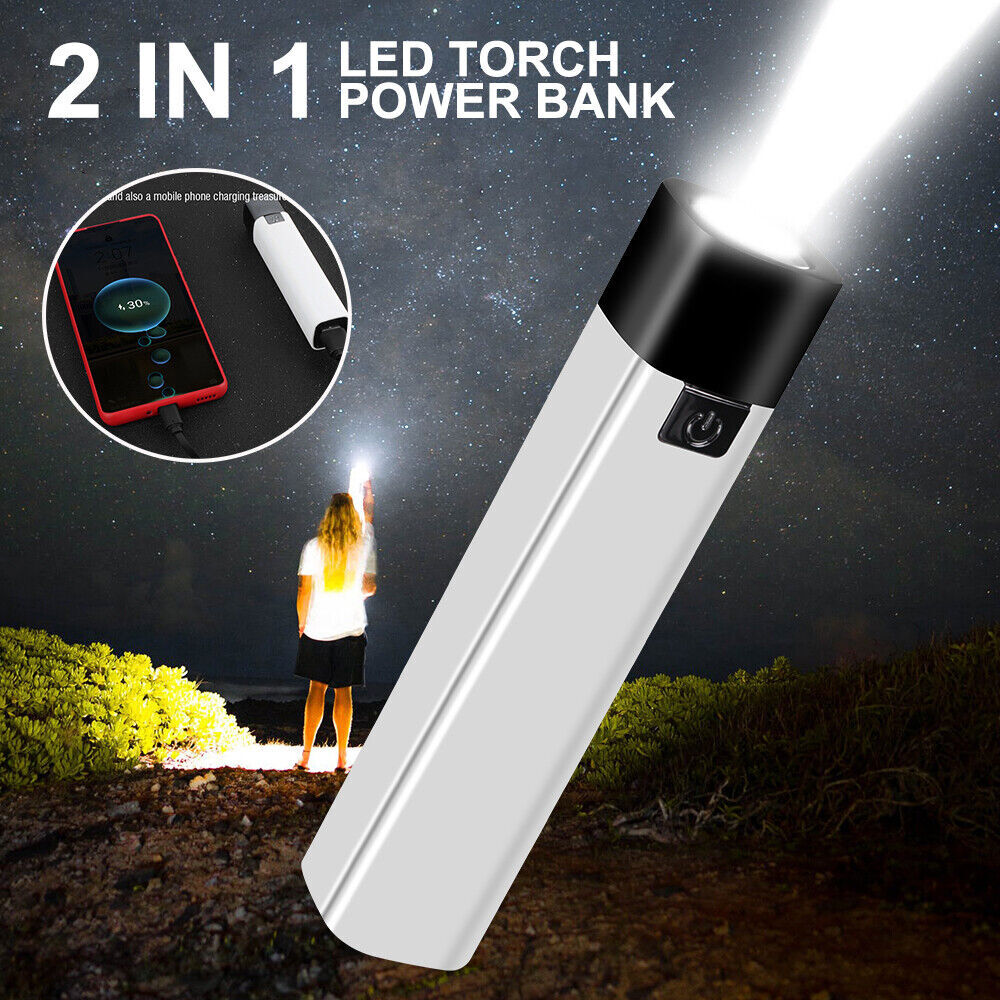Super Bright LED Torch Flashlight USB Rechargeable Power Bank ...