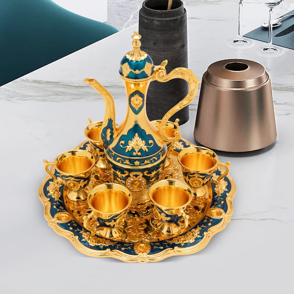 Vintage Metal Tea Set Turkish Coffee Tea Pot Set W/ 6 Luxury Cups &Tea ...