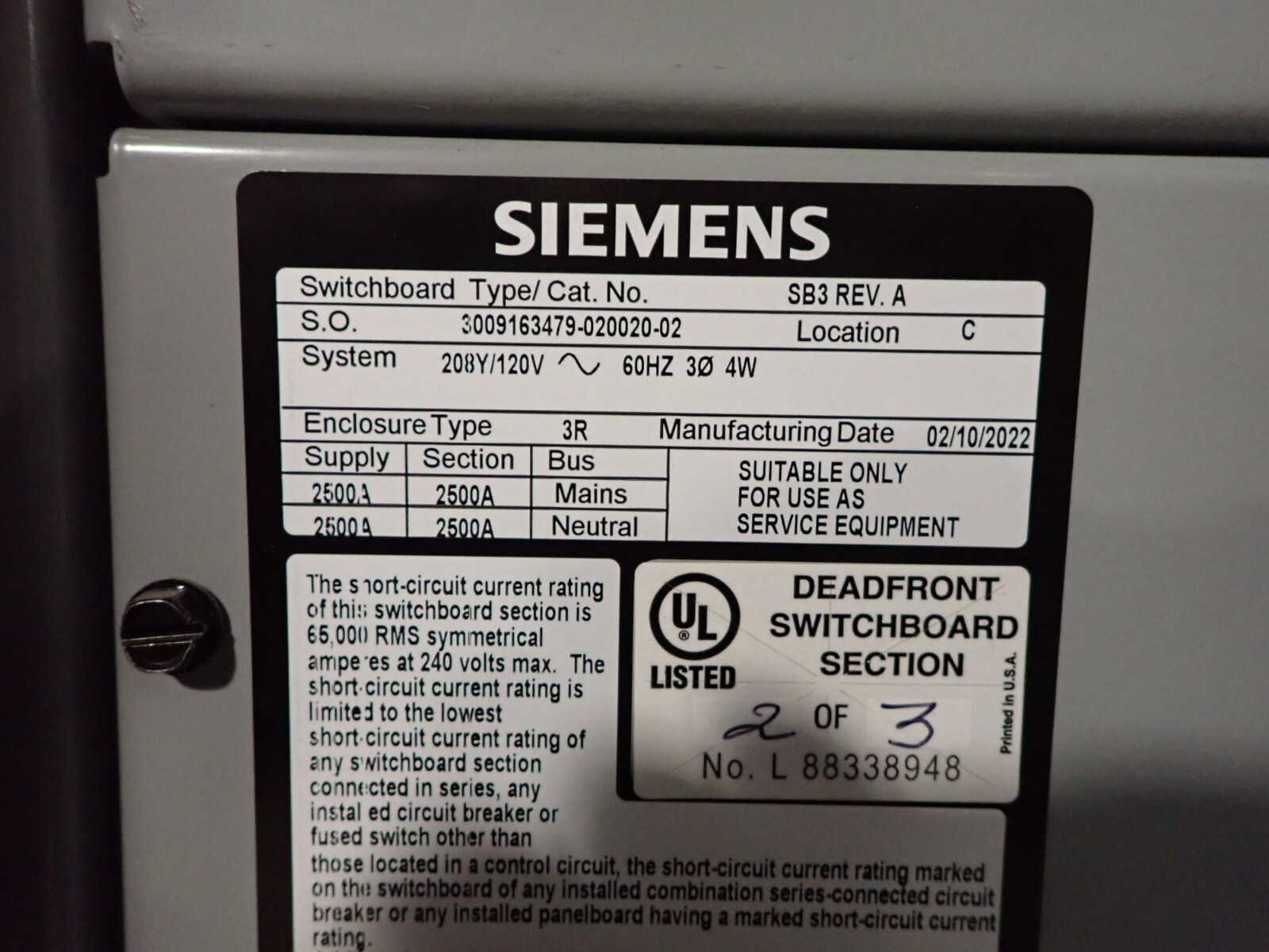 New Siemens 2500 amp 3 Phase Outdoor 3R Switchgear Panelboard WLL2F325 ...