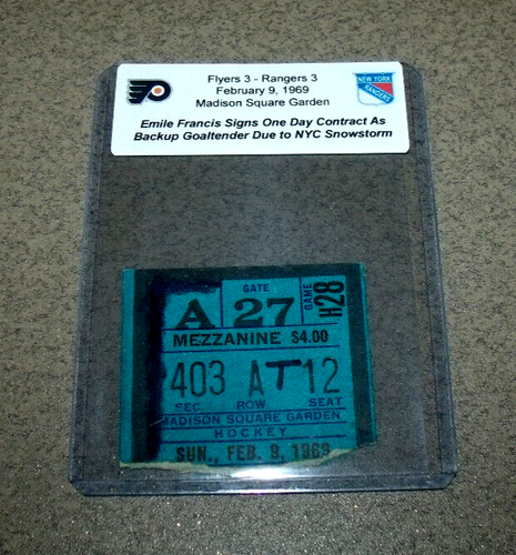 NY Rangers 2/9/1969 Ticket Stub vs Flyers Emile Francis One Day Goalie ...