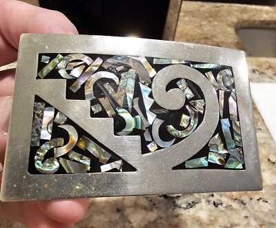 Vintage Belt Buckle Mexican Alpaca Silver and Abalone Shell 70s | eBay