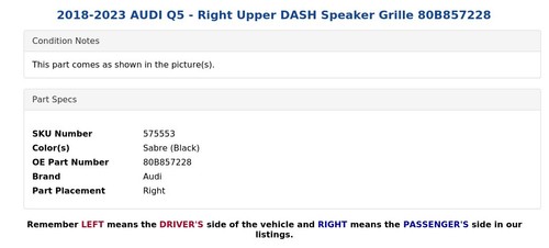 2018-2023 AUDI Q5 - Right Upper DASH Speaker Grille 80B857228 | eBay