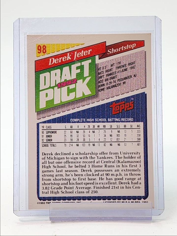 DEREK JETER 1992 TOPPS DRAFT PICK BASEBALL ROOKIE YANKEES Q4628 | eBay