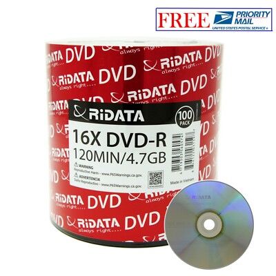 100 Pack Ridata DVD-R 16X 4.7GB 120 Min Silver Logo Top Blank ...