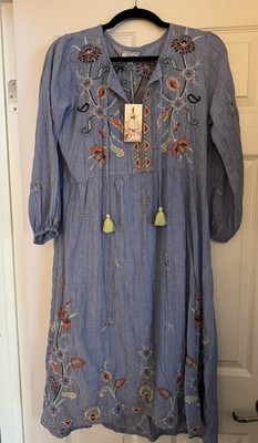Johnny Was Medium Nya Tiered Knit Embroidered Dress Blue Bohemian Beach ...