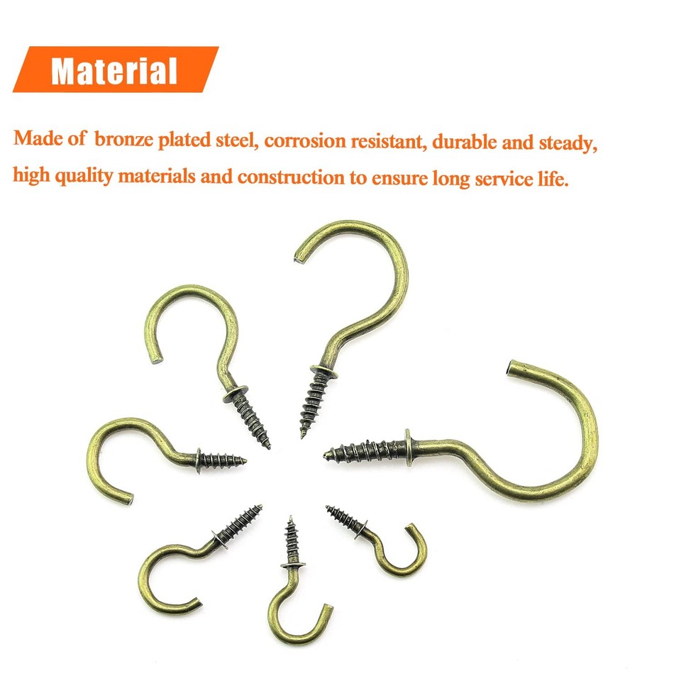 120 Pieces 7 Sizes Cup Screw Hooks, Bronze, Screw-in Hooks, Ceiling ...