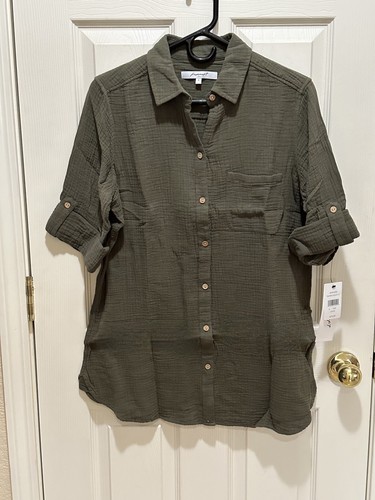New Women’s Foxcroft Tamara Roll Sleeve Textured Cotton Shirt Olive ...