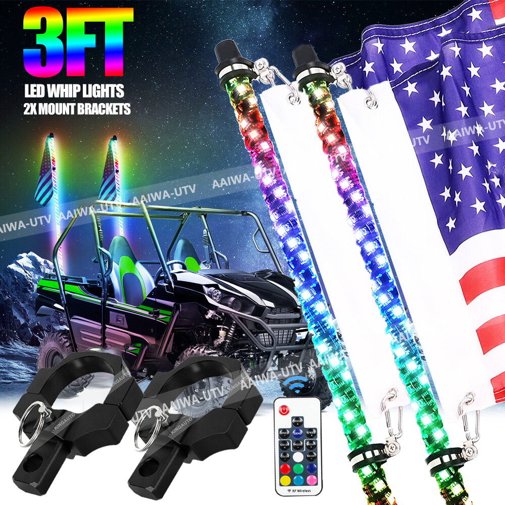 Pair 3FT LED Lighted Antenna Whip Lights w/Mount Bracket For ATV UTV ...