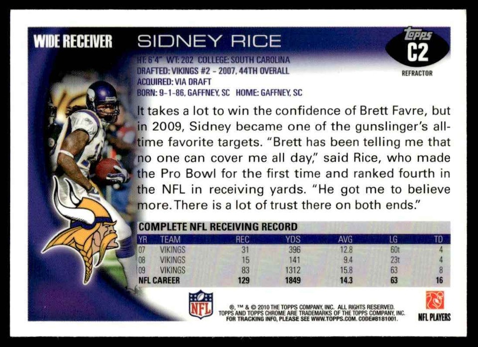 2010 Topps Chrome Refractor Sidney Rice Minnesota Vikings #C2 | eBay