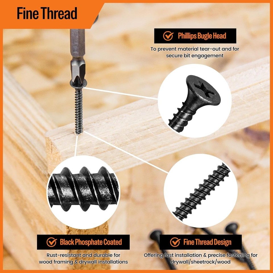 meite Drywall Screws, #6 x 1-1/4" Fine Thread Wood Screws Phosphate ...