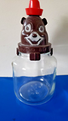Vintage 1950s BOSCO BEAR Chocolate Syrup, Slot Bank Original Glass Jar ...